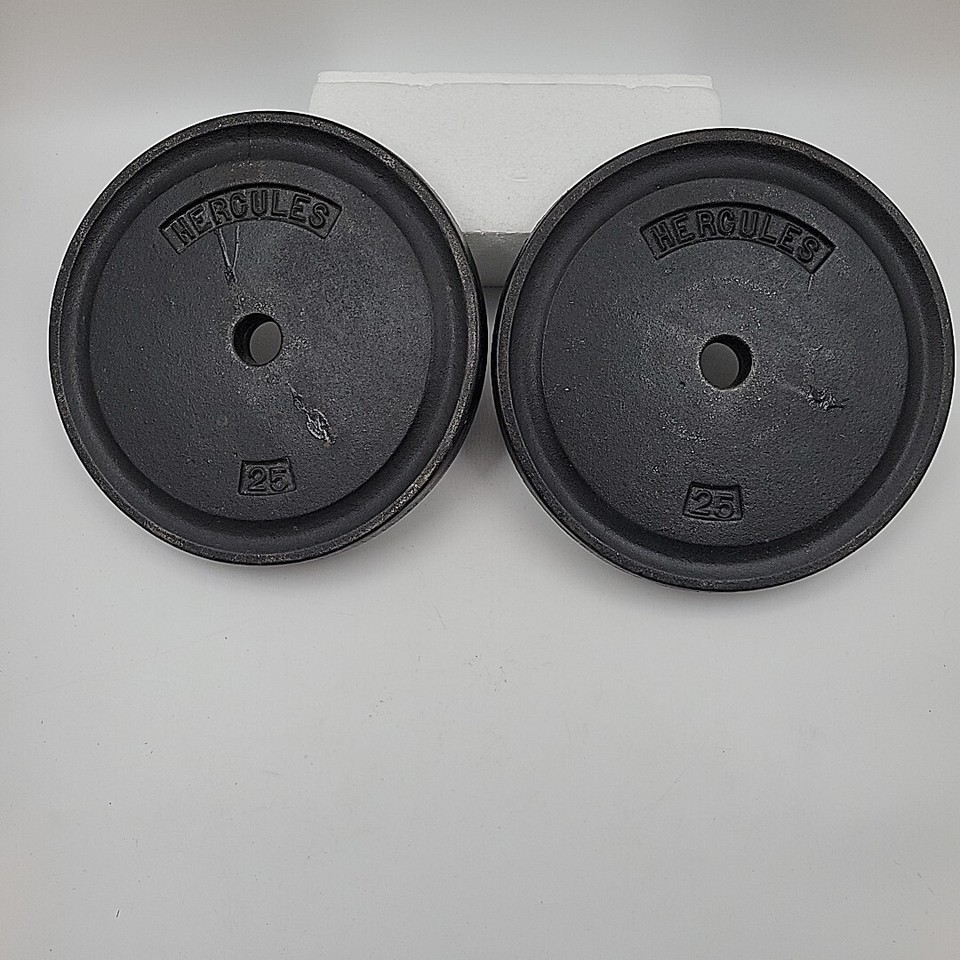 Weights 2 Hercules Plates 25 lb by York Barbell 1" Hole Vtg Total 50LB ...