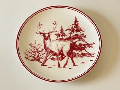 Williams Sonoma Christmas Holiday Toile Red Stag Deer 7" Salad Dessert ...