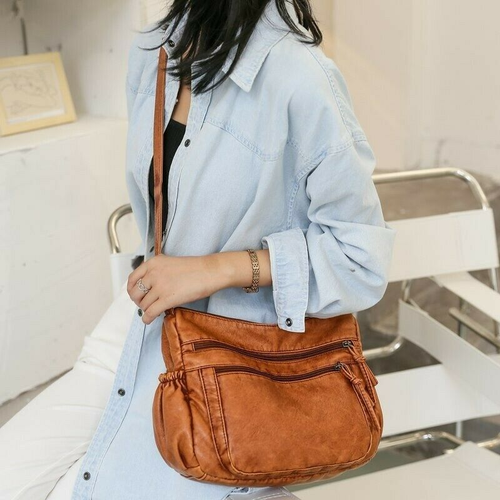 Women New Genuine Leather Brown Purse Shoulder Bag Pockets Cross Body ...