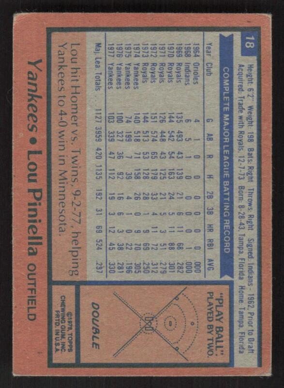 1978 TOPPS BURGER KING NEW YORK YANKEES LOU PINIELLA 18 VG-EX NEW YORK ...