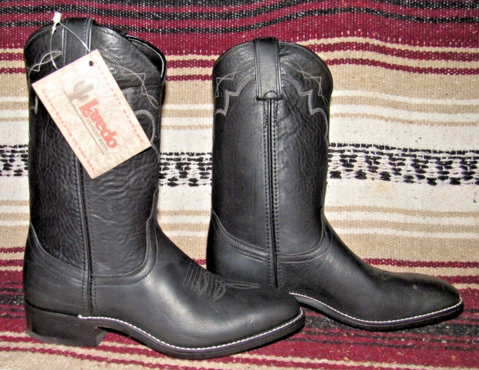 Mens Vintage Laredo Black Bullhide Leather Roper Cowboy Boots 7.5 D NEW ...