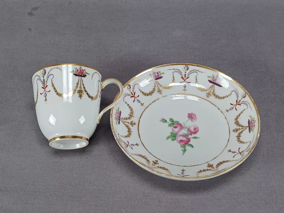 Old Paris Hand Painted Pink Rose Floral & Gold Swags Coffee Cup ...