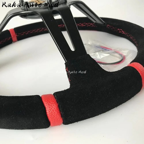 Universal Suede Deep Dish Racing Steering Wheel Black w/ Red Embroidery ...
