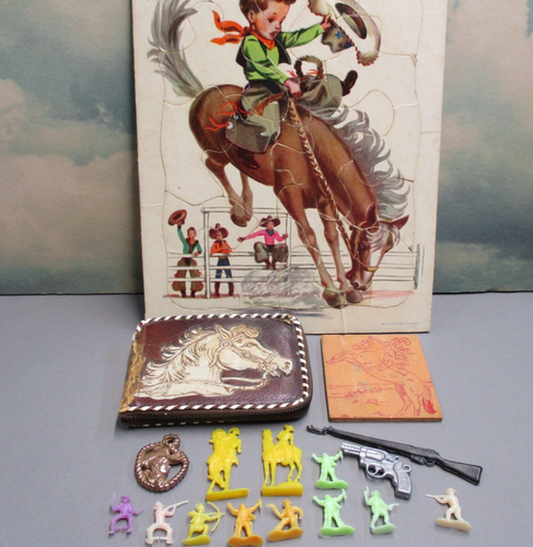 Vintage Cowboy Western Theme Toys ~ Leather Wallet, Puzzle, Figures ...
