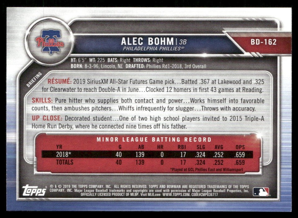 2019 Bowman Draft Alec Bohm | eBay