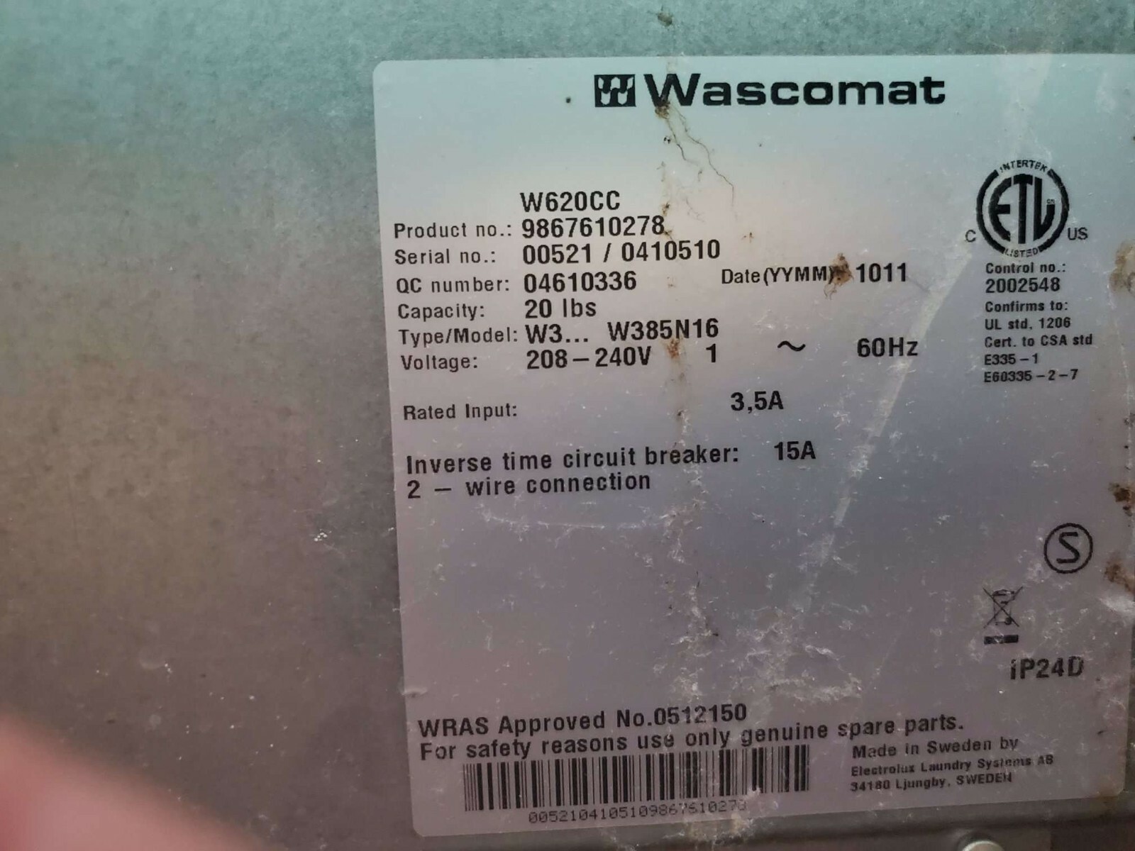 WASCOMAT Electrolux FRONT LOAD WASHER COIN OP 20LB 208-240V M/N W620CC ...