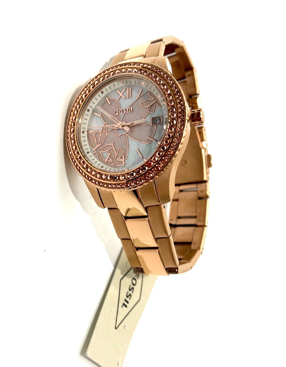 FOSSIL STELLA ES5192 ROSE GOLD CRYSTAL FLORAL MOSAIC MINI LADIES WATCH ...