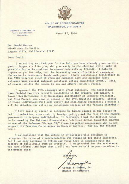 George E. Brown Jr. Autographed 8x10 & TLS 1986 California Politician D ...