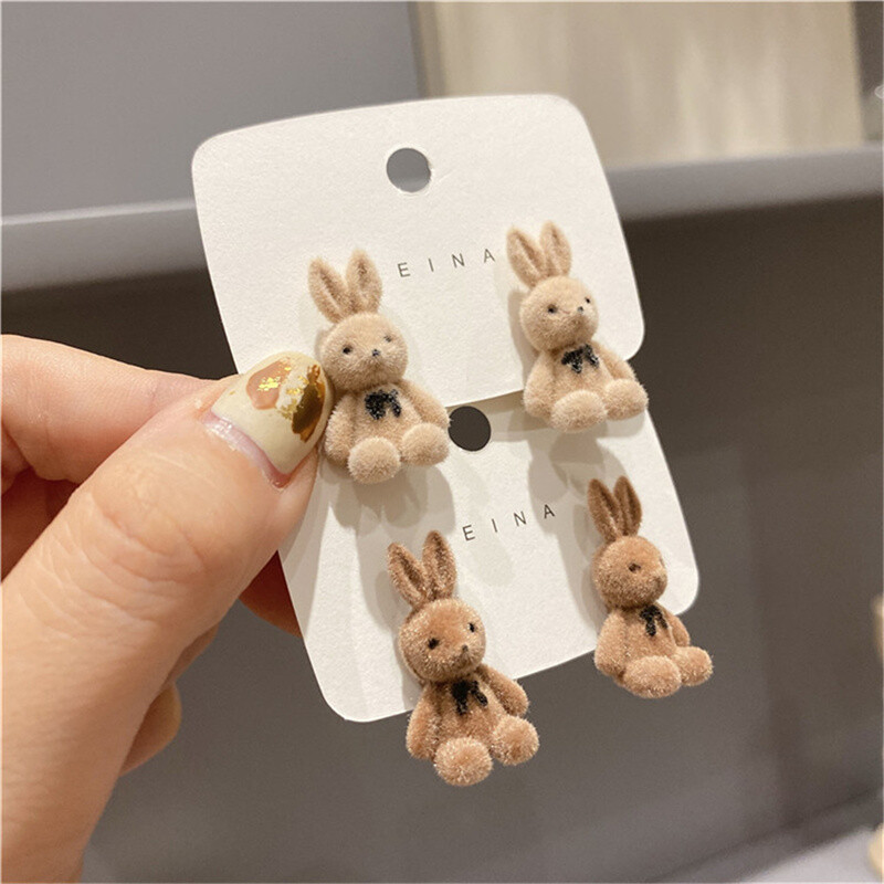 Cute Flocking Plush Rabbit Bear Stud Earrings Girl Kawaii Animal ...