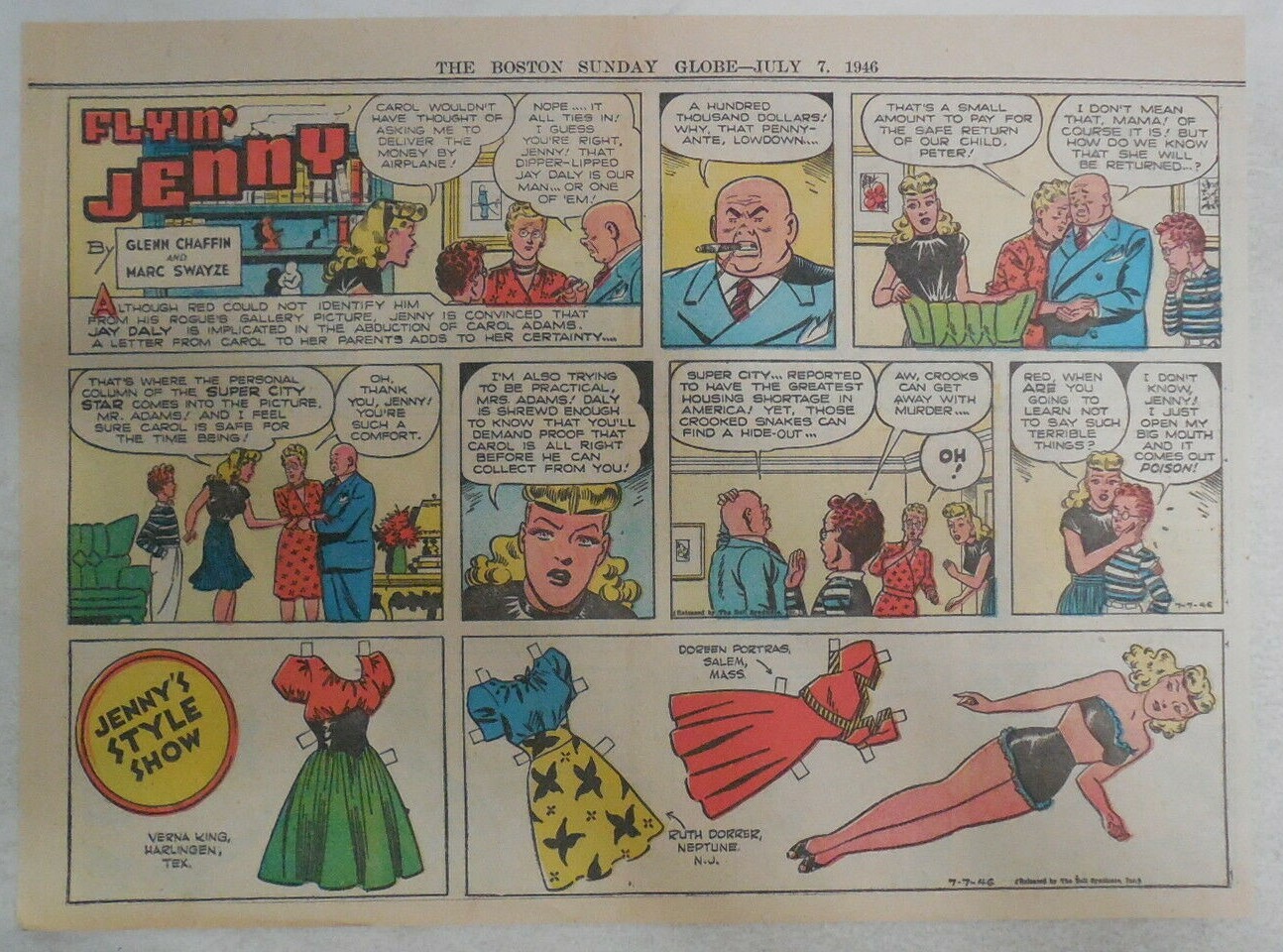 Flying Jenny Sunday page + Paper Doll by Marc Swayze 7/7/1946 11 x 15 ...