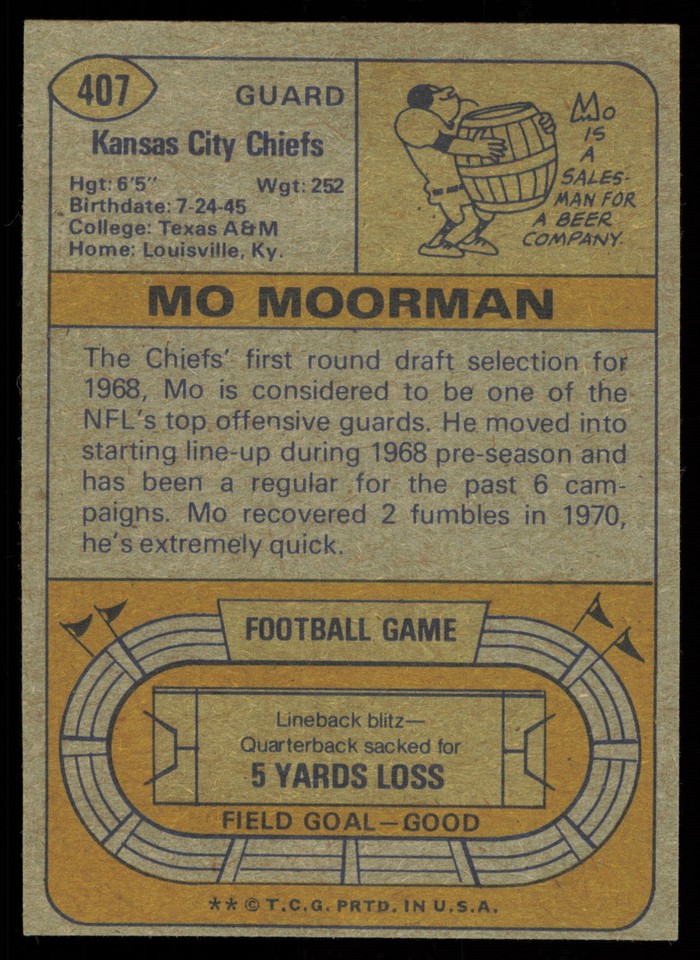 1974 Topps Football #407 Mo Moorman Kansas City Chiefs | eBay
