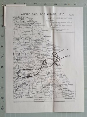 1930 WW1 MAP ZEPPELIN ENGLAND AIRSHIP RAID 19-10th AUGUST 1915 NORTHERN ...