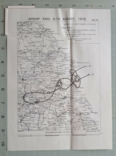 1930 WW1 MAP ZEPPELIN ENGLAND AIRSHIP RAID 19-10th AUGUST 1915 NORTHERN ...