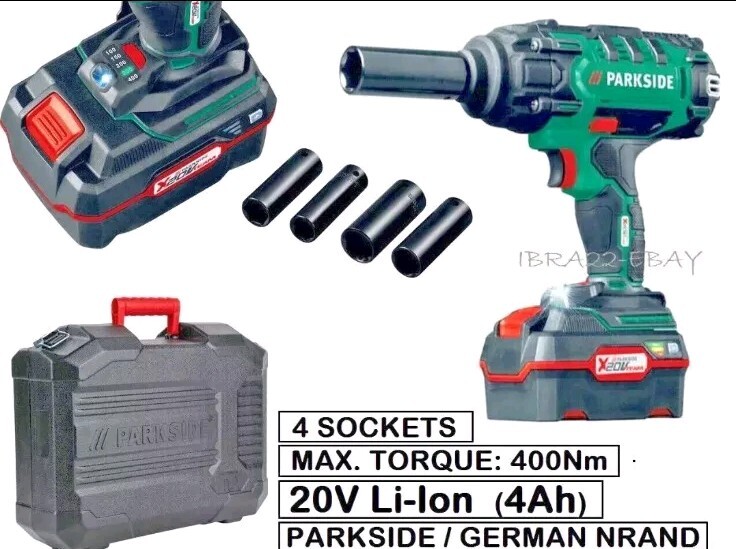 Parkside 20V 4Ah Cordless 1/2" 400Nm Impact Wrench Kit Socket set ...