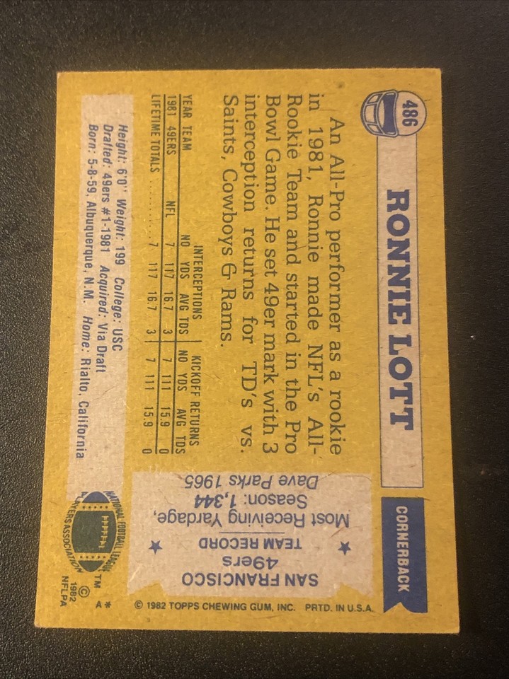 1982 Topps Ronnie Lott Rookie #486 EX+ | eBay