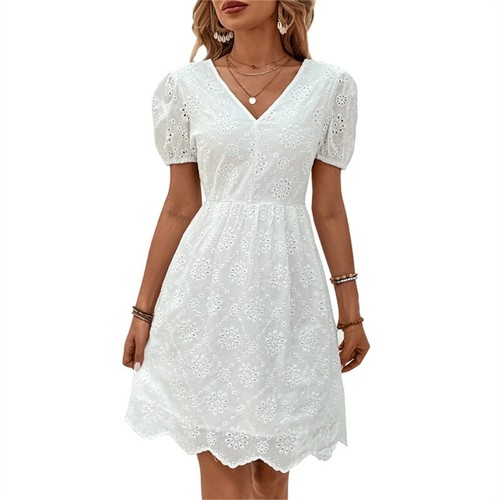 Women Puff Sleeve V Neck Short Dress Casual Flowy Swing Dress Summer ...