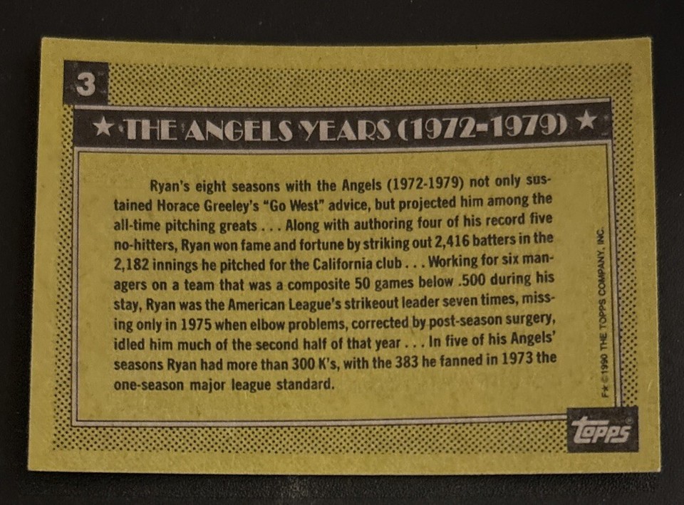 1990 Topps Nolan Ryan 5,000 Strikeouts Baseball Card #3 Angels HOF VG O ...