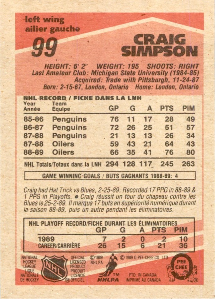 1989-90 O-PEE-CHEE CRAIG SIMPSON EDMONTON OILERS #99 | eBay