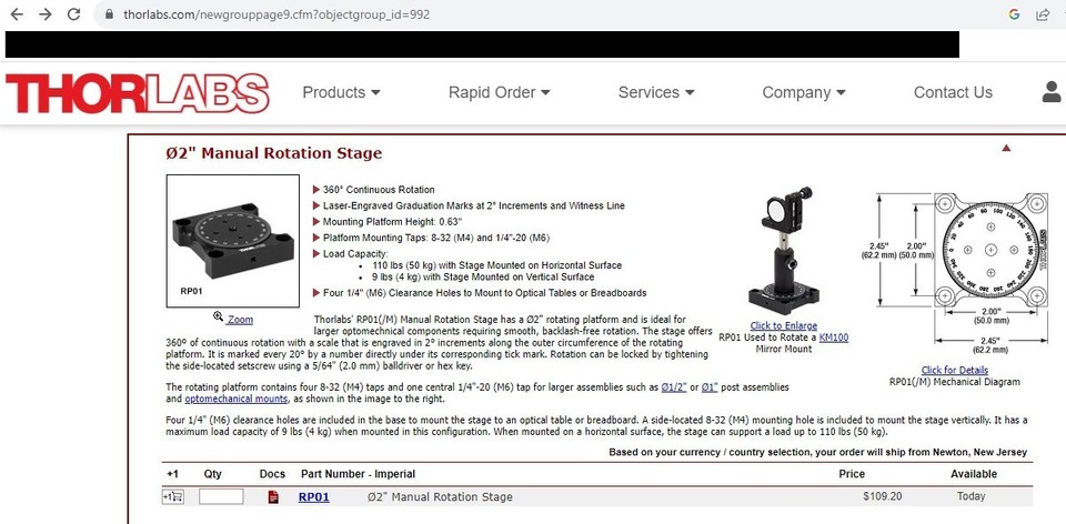thorlabs 2" RP01 rotary platform $109.20 list newport optical table ...