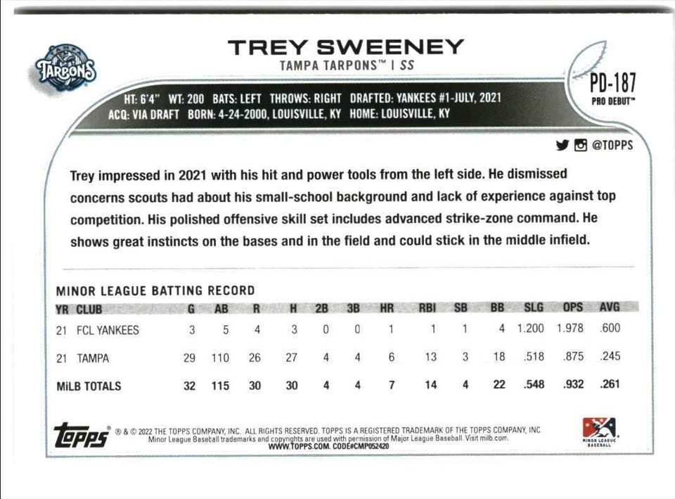 2022 Topps Pro Debut Pro Debut Trey Sweeney RC Tampa Tarpons #PD-187 | eBay