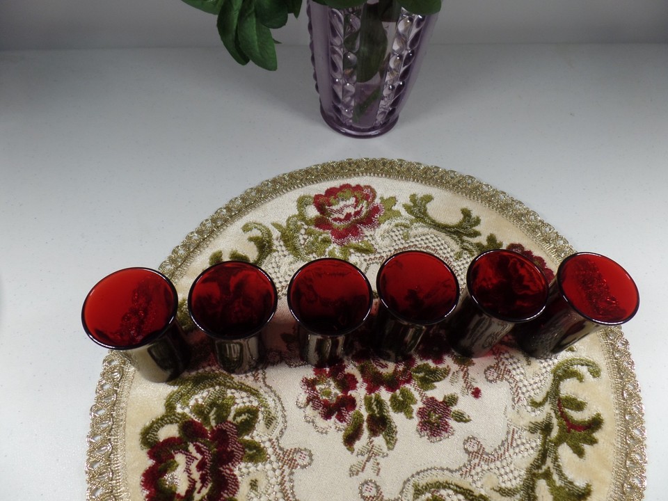 Vintage Set Of 6 Ruby Red Cordial Whiskey Shot Glasses 3" Barware | eBay