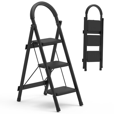 Heavy Duty 3 Step Ladder Folding Step Stool with Anti-Slip Wide Pedal ...