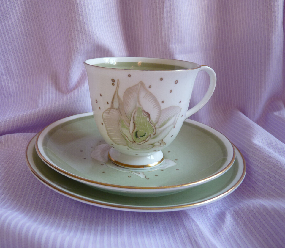 Vintage Susie Cooper Bone China Trio Magnolia Sage Green Gold Polka Dot ...