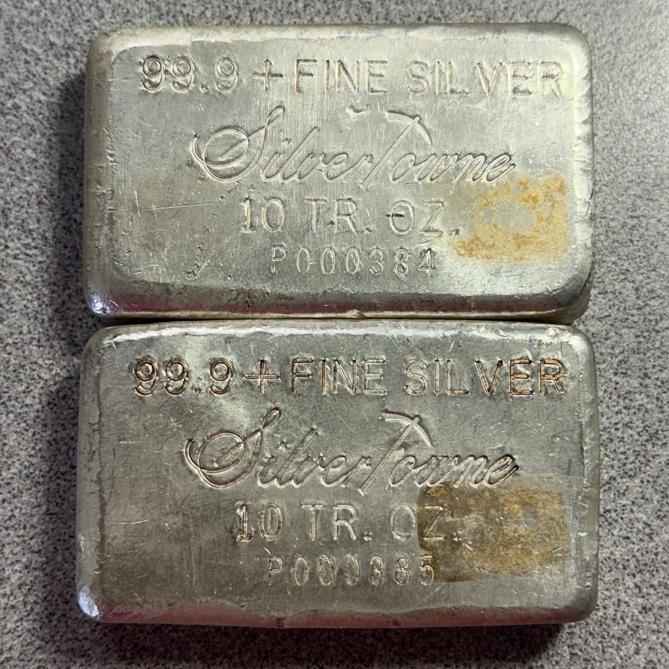 Vintage RARE SilverTowne 10 oz Silver Poured Bar Serial #384, 385 ...
