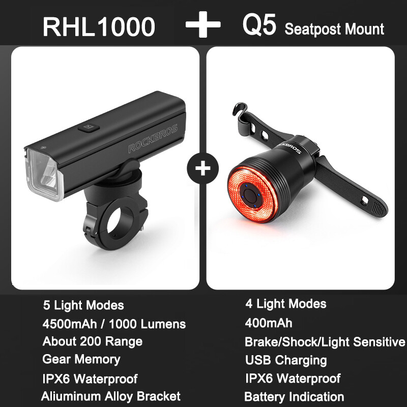 ROCKBROS Bicycle Light Sets MTB Bike Front Rear Lamp USB-C LED ...