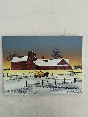 H Hargrove - Barn In Winter - Signed Unframed Oil Painting Farm Scene ...