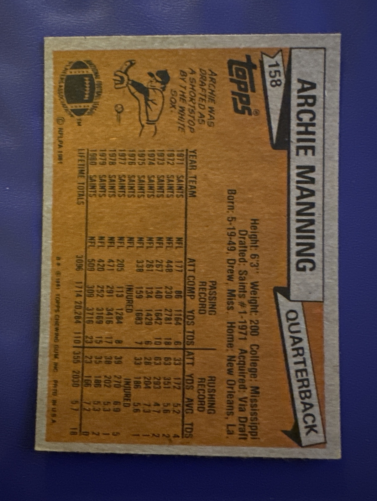1981 TOPPS FOOTBALL #158 ARCHIE MANNING NEW ORLEANS SAINTS QB *FREE ...