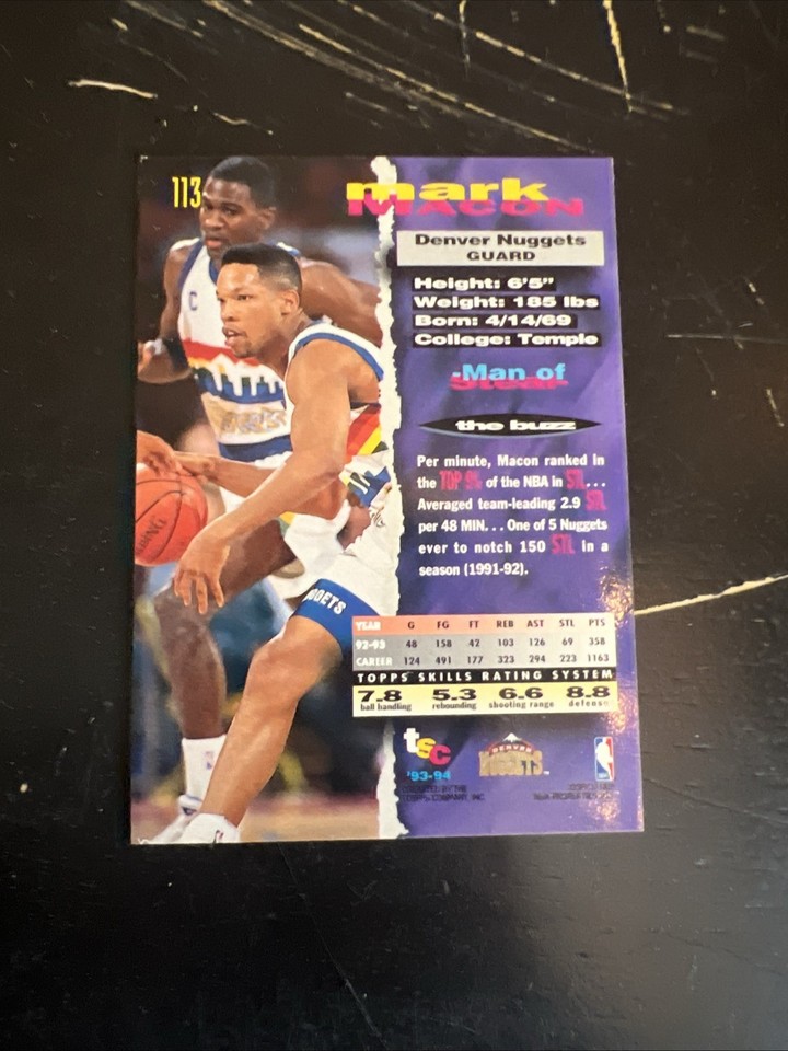 1993-94 Topps Stadium Club 1st Day Issue Mark Macon #113 Denver Nuggets ...