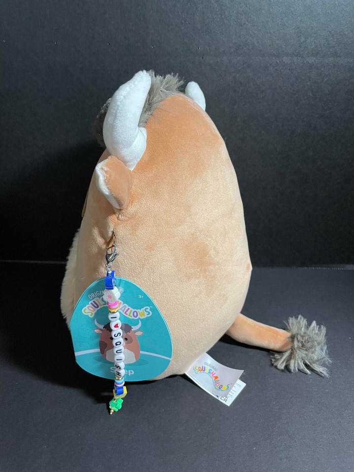Squishmallow 7.5" Shep Highland Cow Bull w/beaded "I ♡ SQUISH" Charm ...