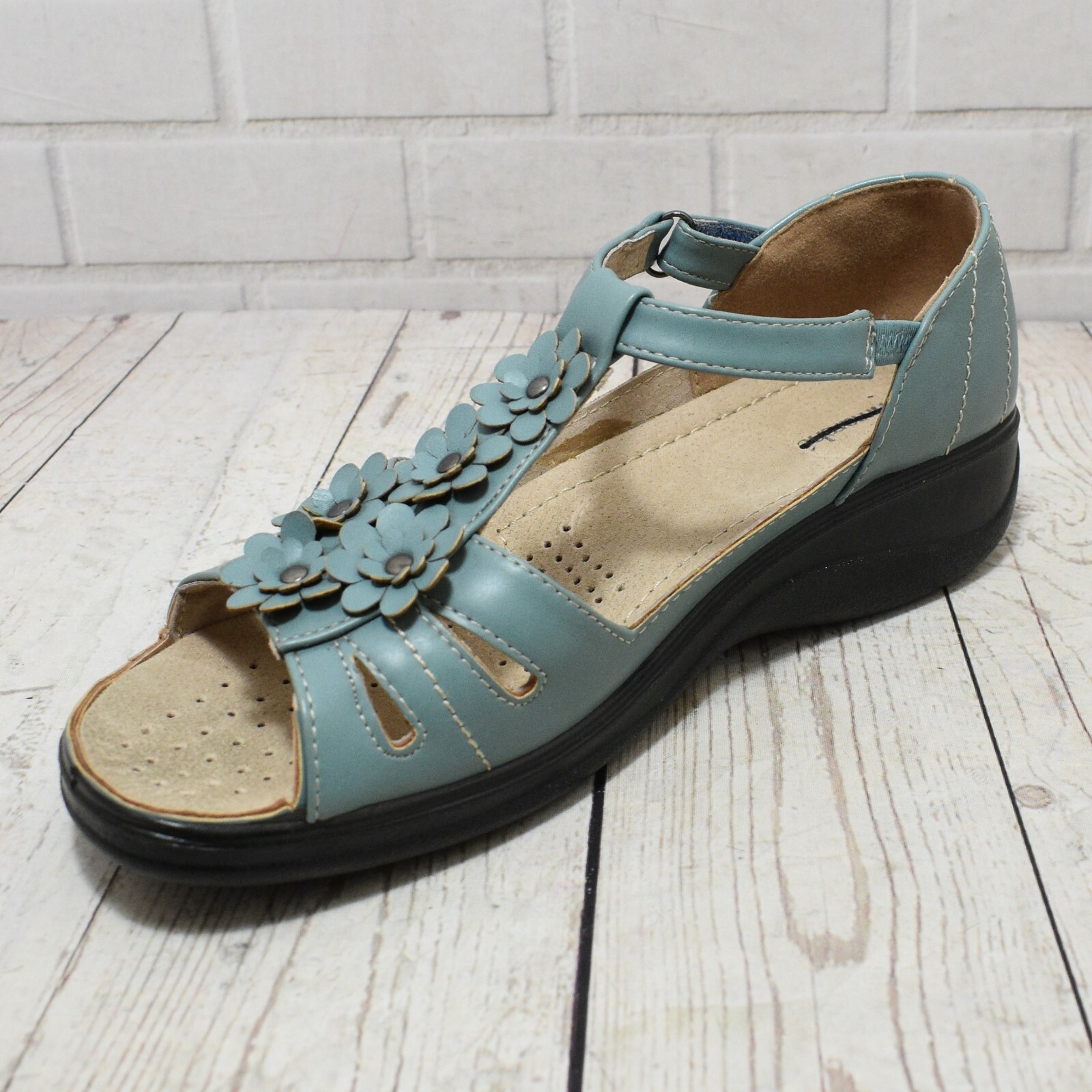 Womens Blue Enclosed Heel T Bar Low Wedge Touch Fastening Sandals Size ...