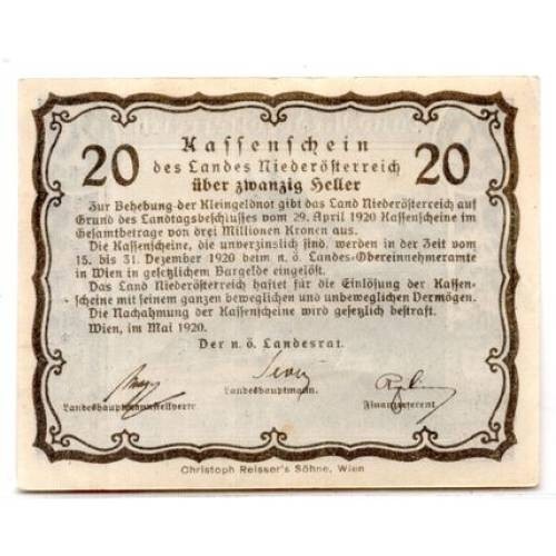 1920 Austria Niederosterriech Notgeld 20 Heller Note (1416) | eBay