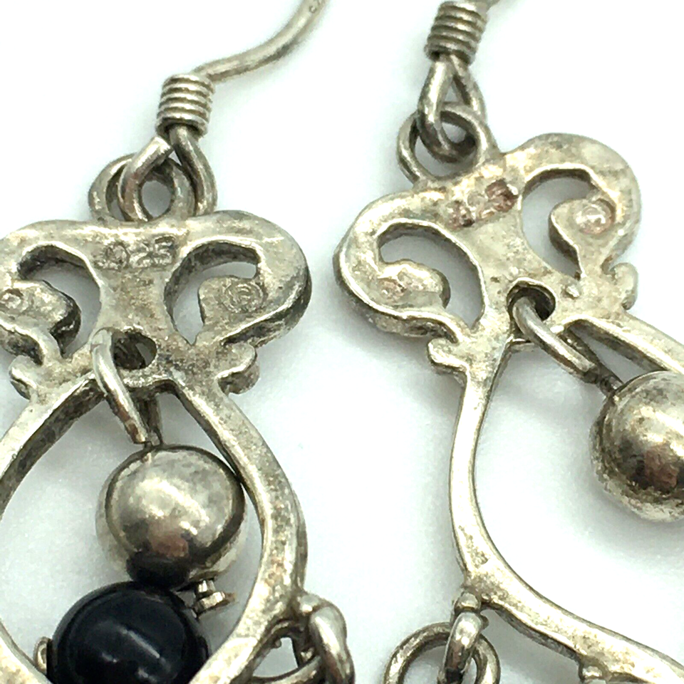 Vtg Sterling Silver 925 Chandelier Earrings Scroll Black Beads Elegant ...