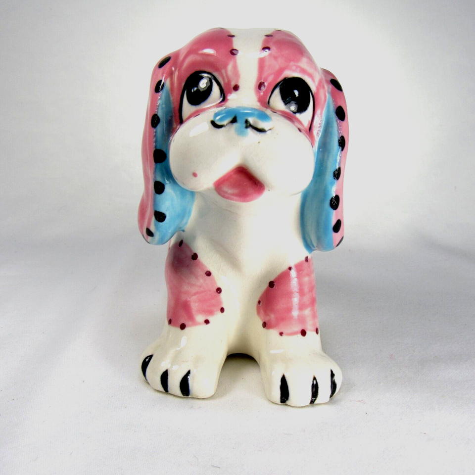 Planter Hound Dog Beagle Puppy White Pink Blue Patches Ceramic Vintage ...