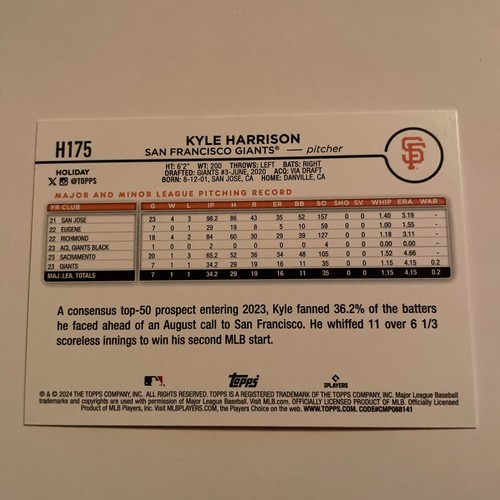 2024 Topps Holiday #h175 Kyle Harrison RC Rookie Card Giants | eBay