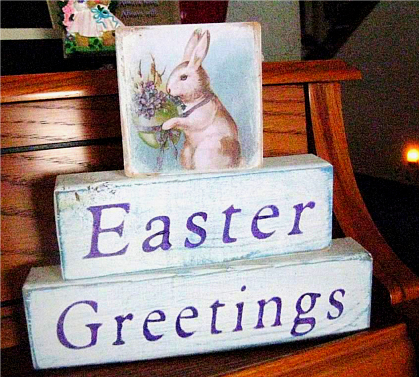 Primitive Easter Sign Shelf Blocks~Easter Greetings Vintage Bunny Wood ...