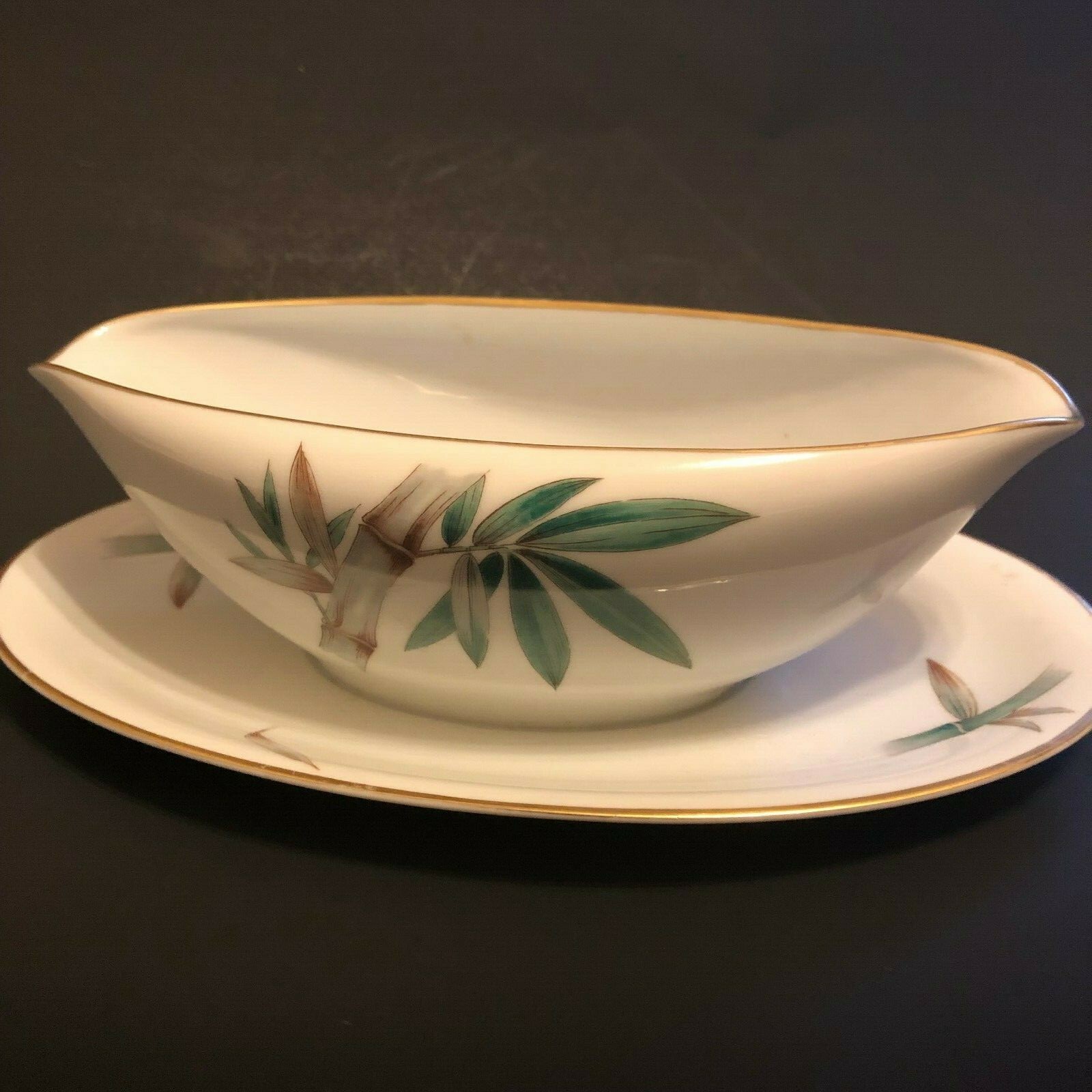NORITAKE CHINA Bamboo PATTERN MADE IN JAPAN-GRAVY BOAT WITH ATTACHED ...