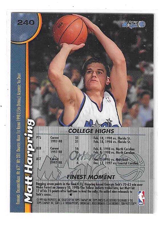 1998-99 TOPPS FINEST MATT HARPRING ROOKIES RC #240 ORLANDO MAGIC ...