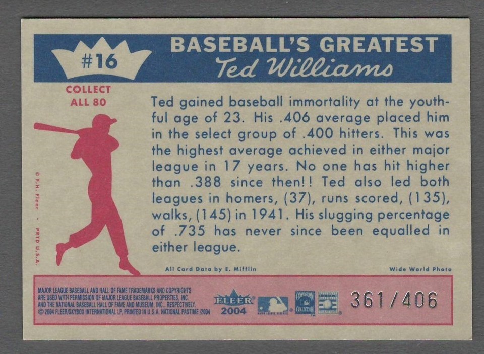 TED WILLIAMS 2004 National Pastime 1959 REPRINT #16 #361/406 Greatest ...