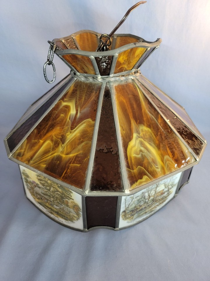 Vintage Tiffany Style Stained Glass Lamp Currier & Ives Brown Hanging ...