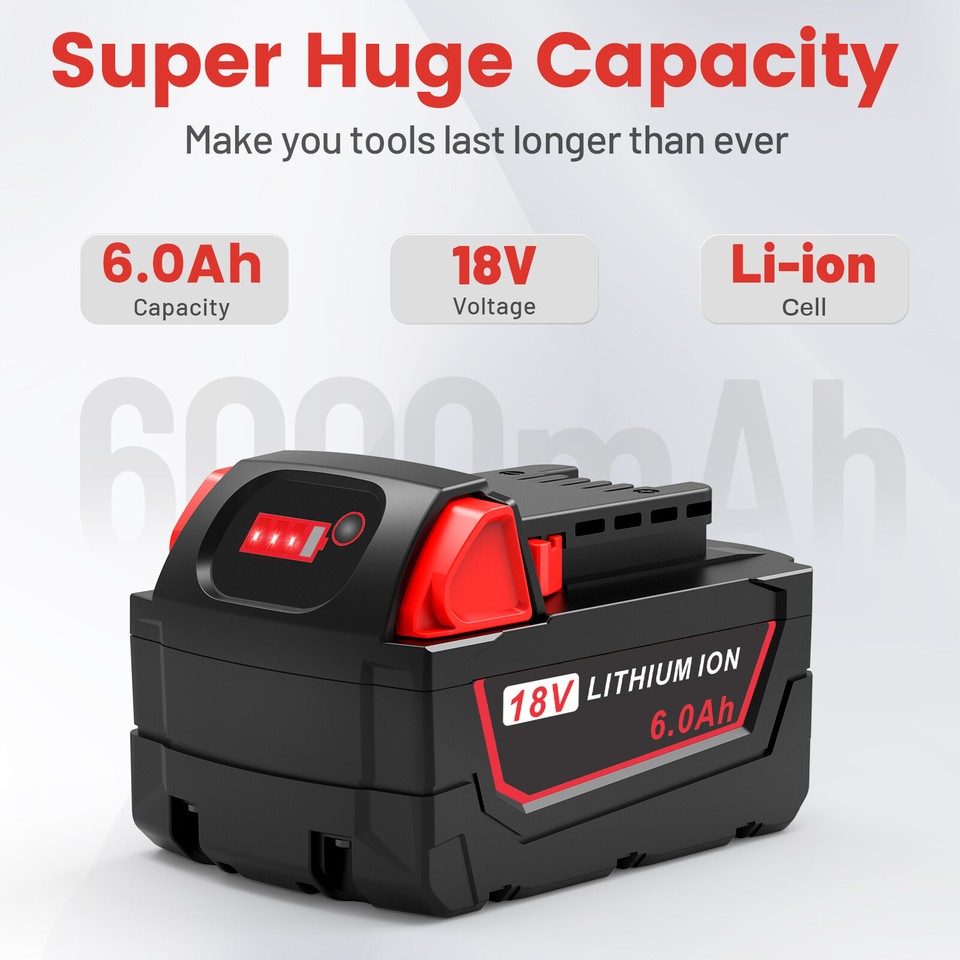 6.0AH Battery For Milwaukee for M18 Lithium Extended Capacity Battery ...