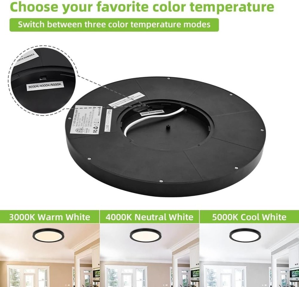 12" LED Round Flat Panel Light, 24W CCT, Edge-Lit Flush Mount Ceiling ...