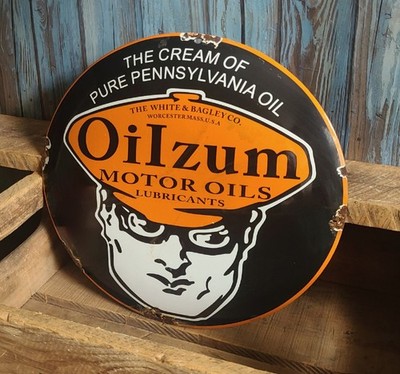 Vintage OILZUM MOTOR OIL White & Bagley Company Porcelain Metal Domed ...