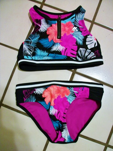 NWOT GIRLS 2-PC RACERBACK BLACK TROPICAL BEACH PRINT ZIP TOP SWIMSUIT ...