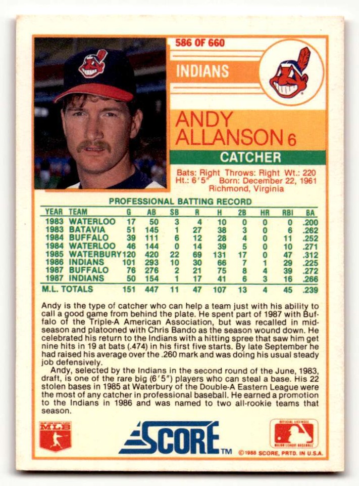 1988 Score #586 Andy Allanson Cleveland Indians Baseball Cards EX/NM ID ...
