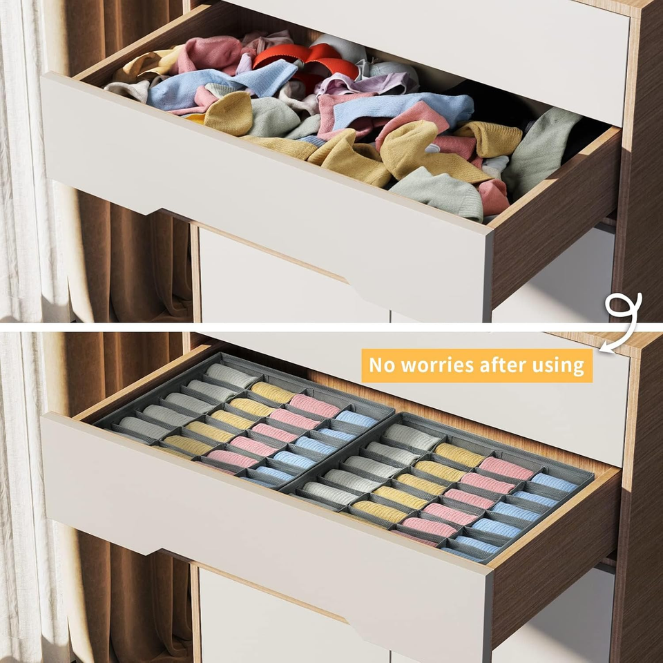 Sock Drawer Organizer Divider 2 Packs Underwear Organizer, 24 Cell ...