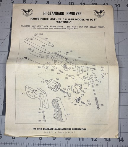 1962 HI HIGH STANDARD REVOLVER .22 Caliber R-103 SENTINEL Parts List ...